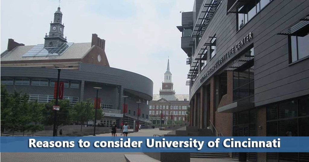 View of modern buildings and pathways at the University of Cincinnati ...